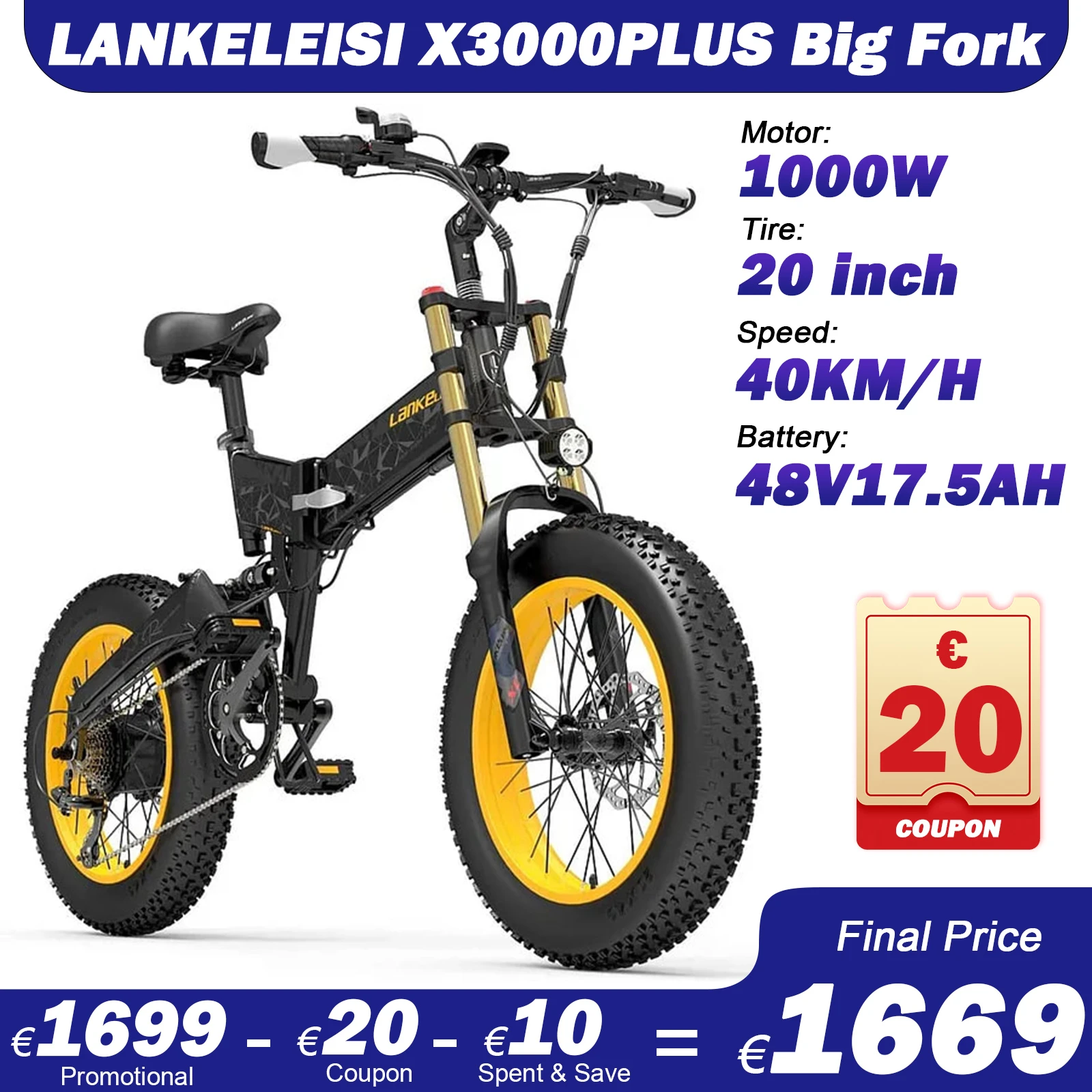 LANKELEISI X3000Plus Electric Bicycle Big Fork 120KM Ebike 40KM/H Max ...