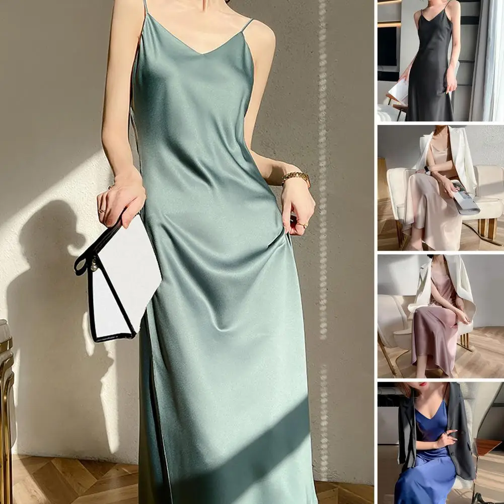 Women-Mid-Dress-Satin-Spaghetti-Strap-V-Neck-Basic-Bottoming-Dress ...