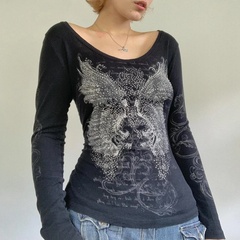 2000s Retro Rhinestone Graphic Print T-shirt Harajuku Grunge Y2K ...