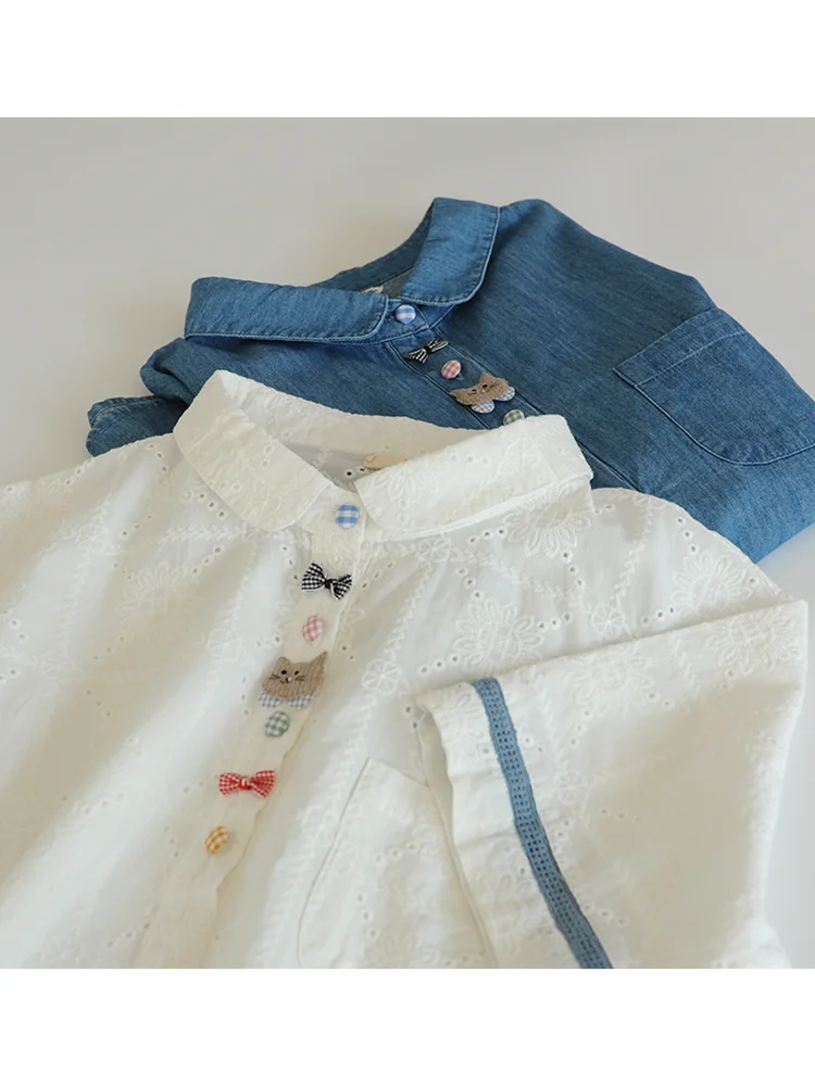 Lamtrip Unique Preppy Style Peter Pan Collar Cotton Denim Bow Buttons ...