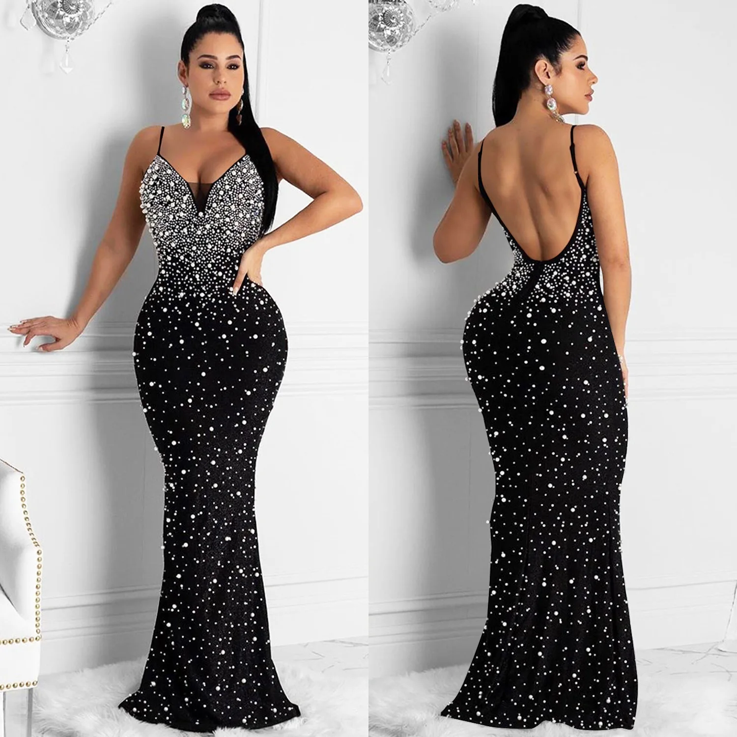 Leosd-longo-vestido-bodycon-com-brilhante-sem-encosto-bodycon-cinta-de ...