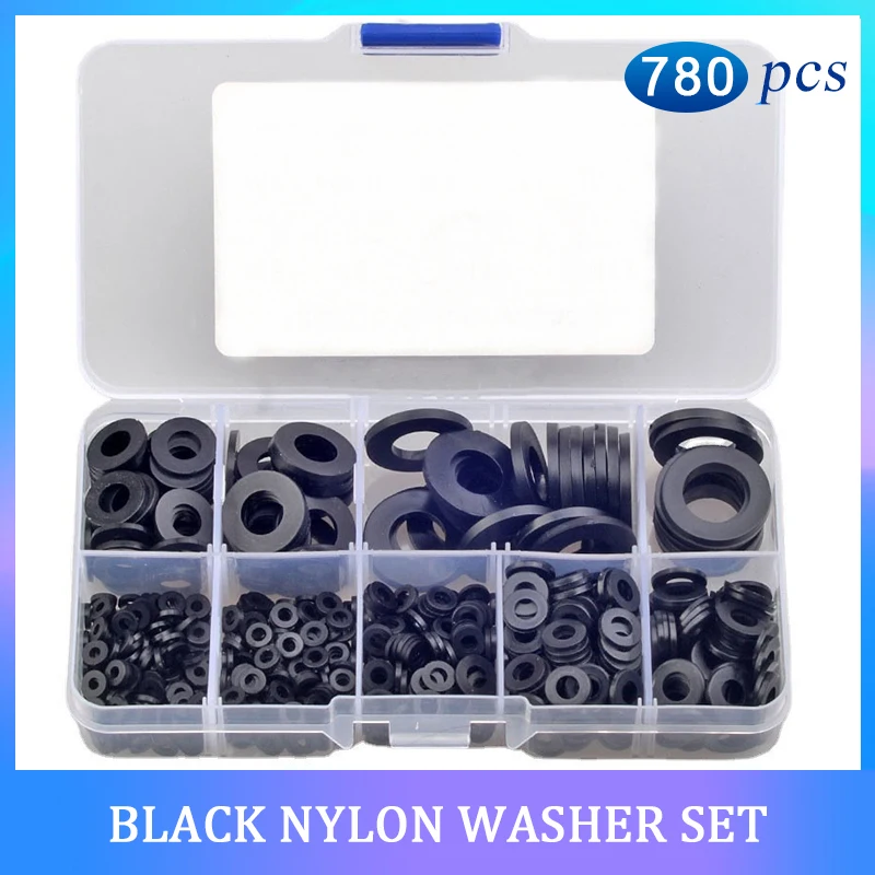 780PCS Black Nylon Flat Gasket Washer Set M2 M2.5 M3 M6 M8 M10 M12 ...
