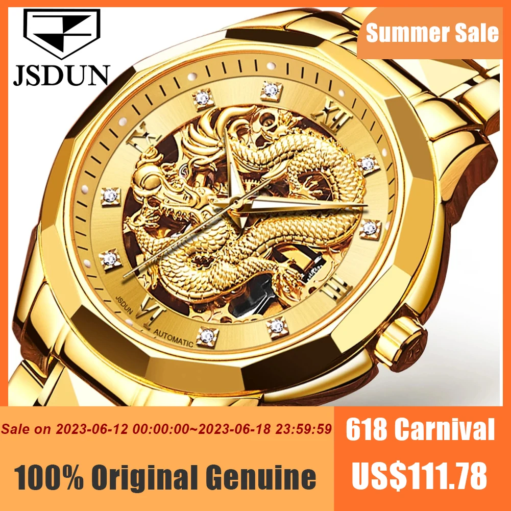JSDUN Golden Dragon Automatic Mechanical Watches for Men Luxury Brand ...