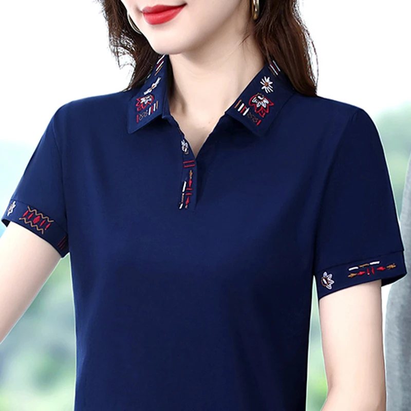 Polo de manga corta para mujer, camisa azul de algodón con bordado de ...
