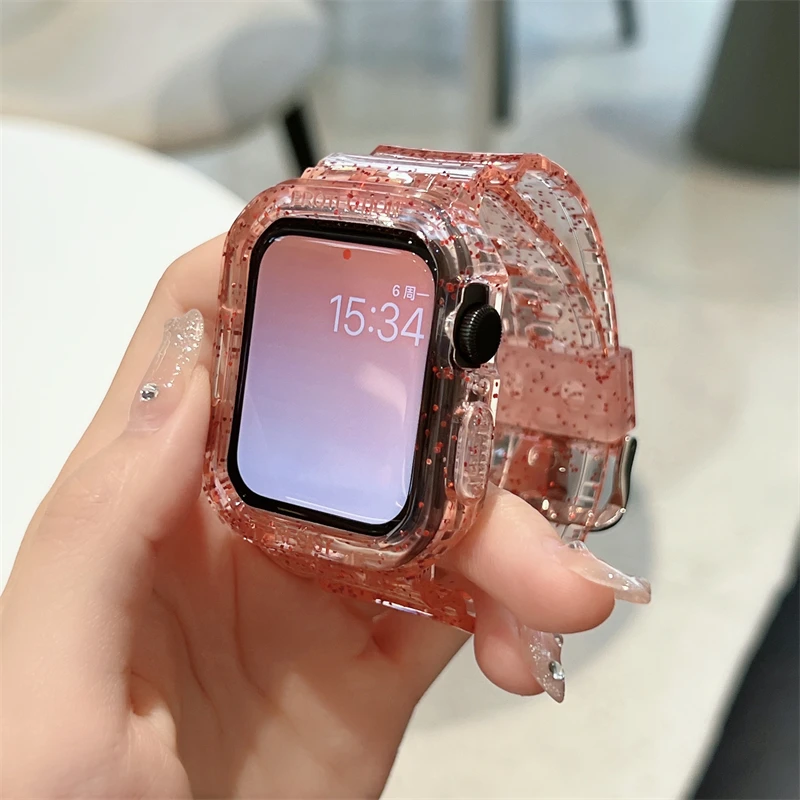 Glitter Women Clear Plastic Bands For Apple Watch Strap 41mm 45mm 44mm ...