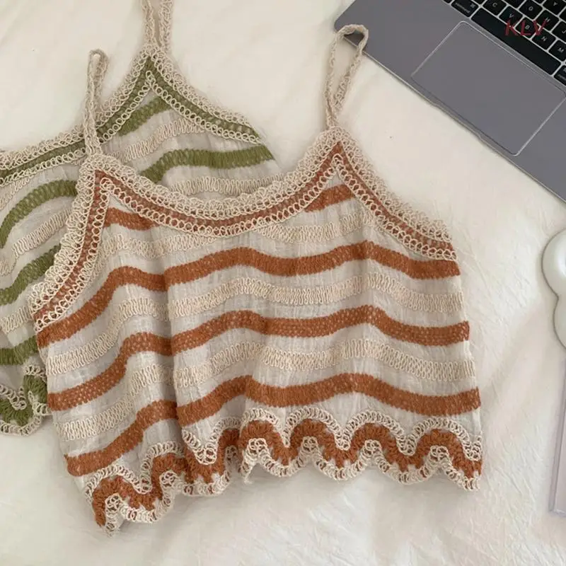 Women Vintage Cotton Linen Camisole Embroidery Heart Striped Spaghetti ...