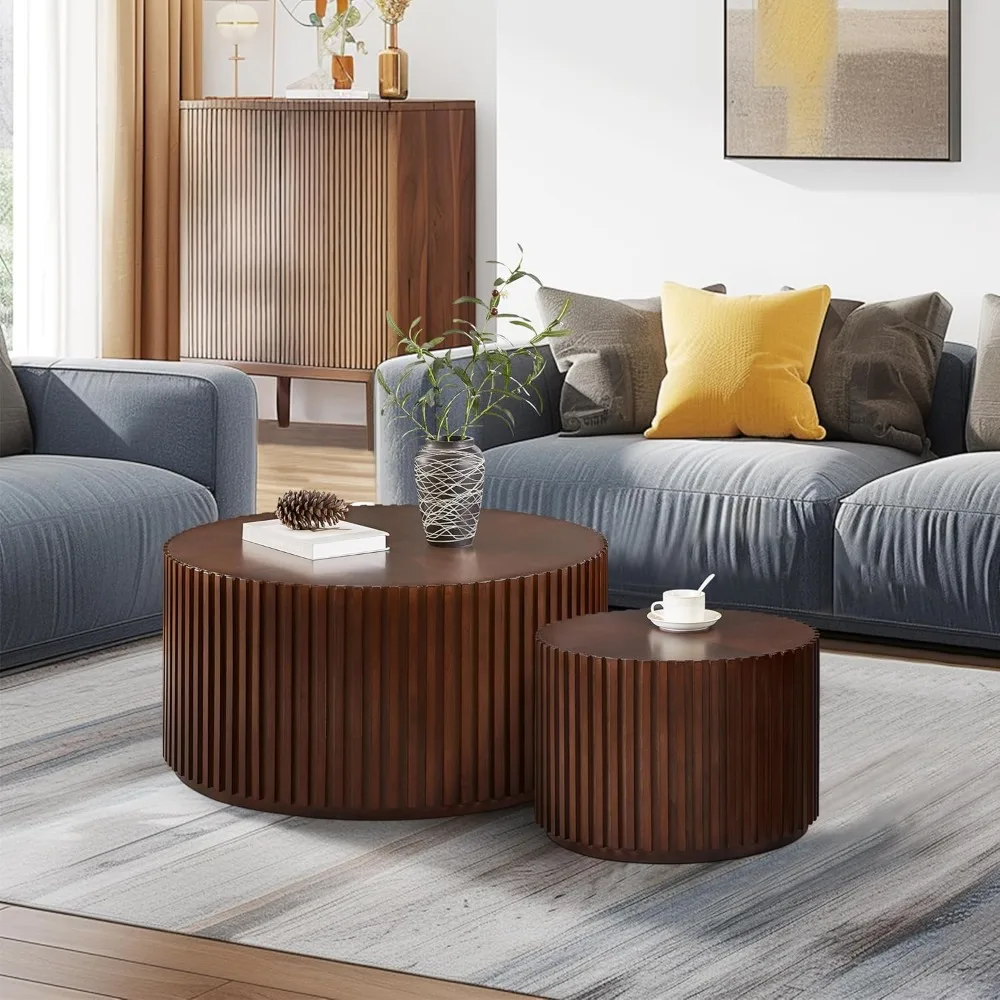 Round-Wood-Coffee-Table-Set-of-2-Modern-Handcraft-Drum-Coffee-Table ...