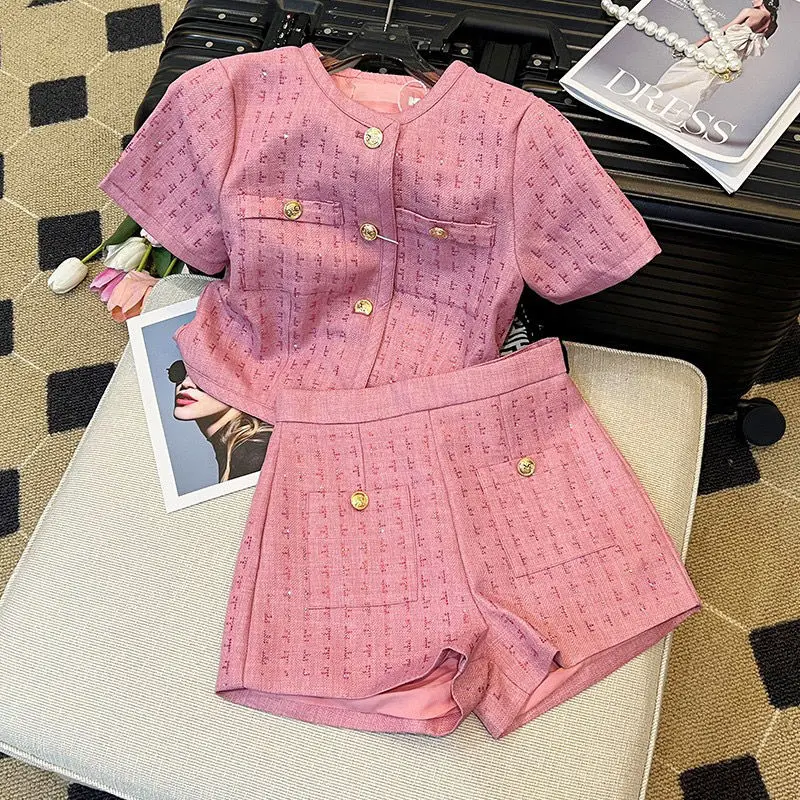 Women Vintage Pink Party Suit Shirt Top And Short Pant Two Piece Set ...