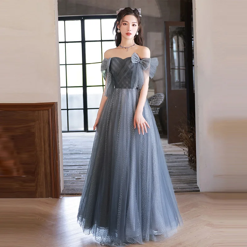 Vestido-de-noche-con-cuello-de-barco-para-mujer-traje-de-tul-azul-largo ...