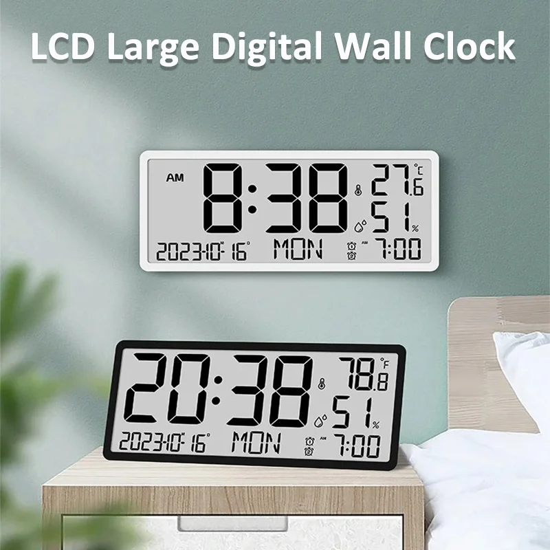 LCD-Digital-Wall-Clock-Large-Screen-2-Alarm-Clock-Temperature-Humidity ...