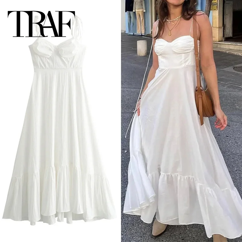TRAF-Vestidos-largos-blancos-para-mujer-vestido-de-cors-con-volantes ...