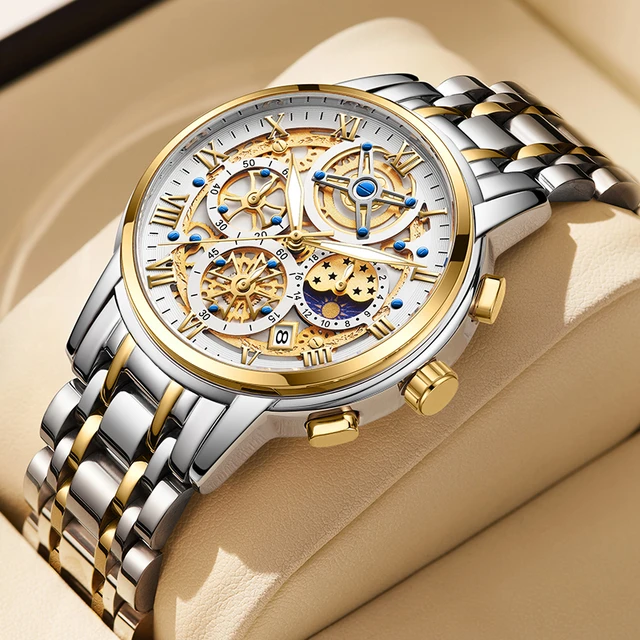 LIGE DESIGN メンズ腕時計 シルバーブラック 防水 クロノグラフ メンズ