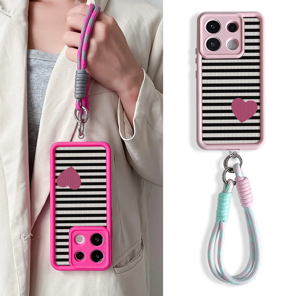 Stylish Stripe Love Heart Phone Case with Wrist Chain Strap and Lanyard Cover for Redmi Note 14 ...