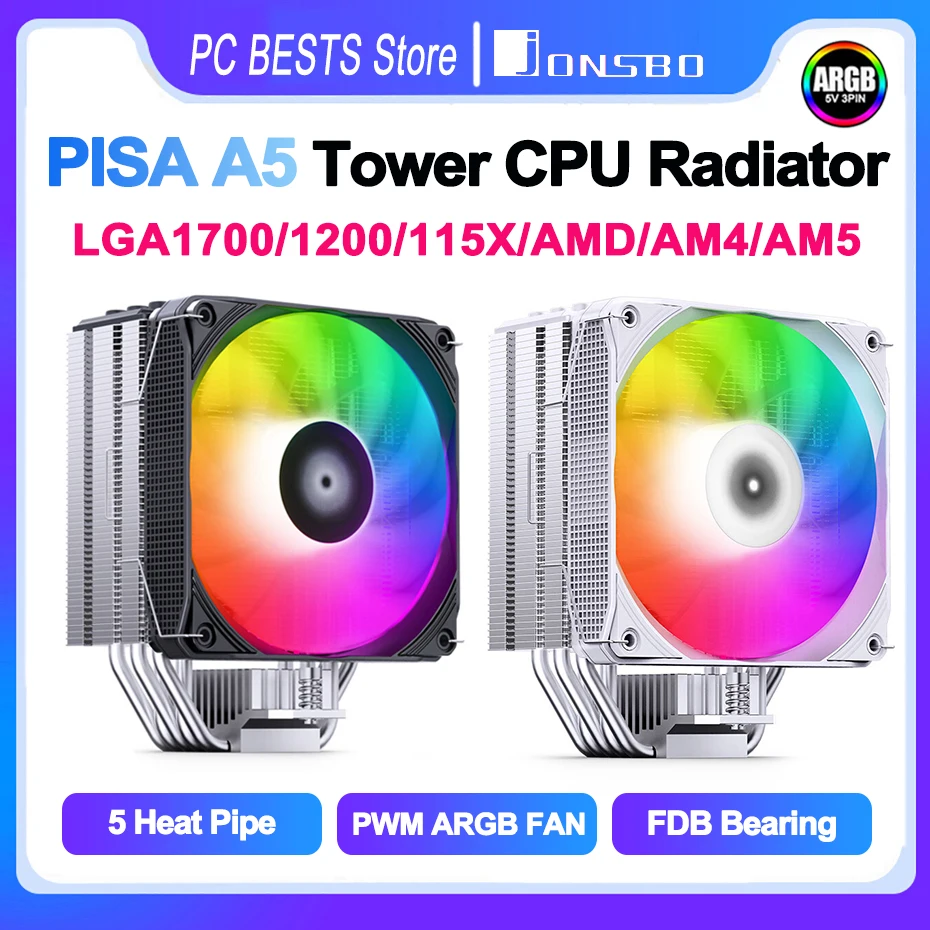 Jonsbo PISA A5 ARGB 타워 CPU 쿨러 5 히트 파이프 고성능 ITX 라디에이터, 5V 3 핀 PWM 팬, 인텔 ...