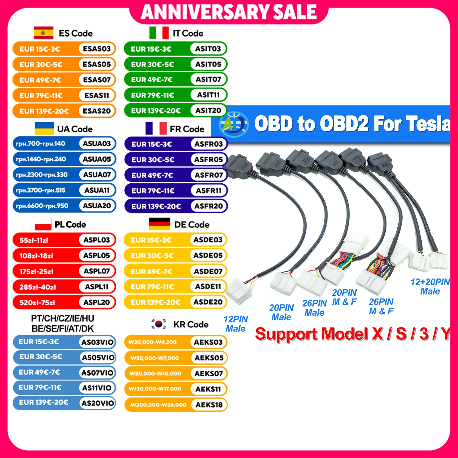 OBD Adapter For Tesla 12/20/26pin to OBDII For Tesla Model X/S/3/Y OBD2 ...