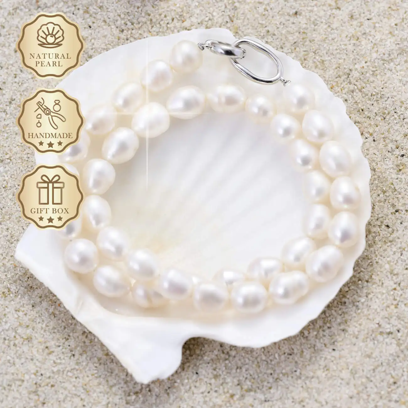 MYSOYA White Rice Freshwater Pearl Necklace 10–11mm with Silver Clasp ...
