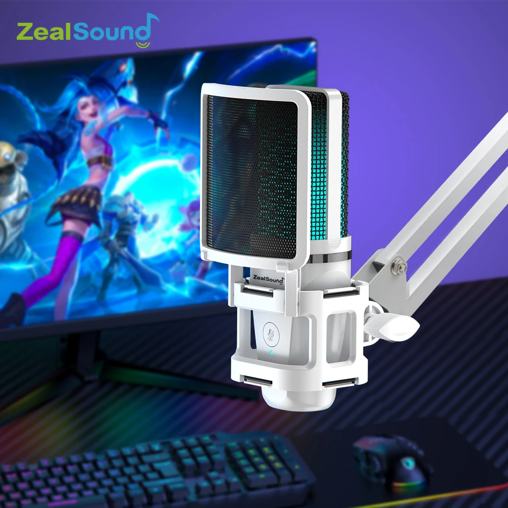 Zealsound-RGB-USB-Gaming-Microphone-With-Articulated-Arm-White-Computer-Condenser-Mic-For-PC-Mac ...