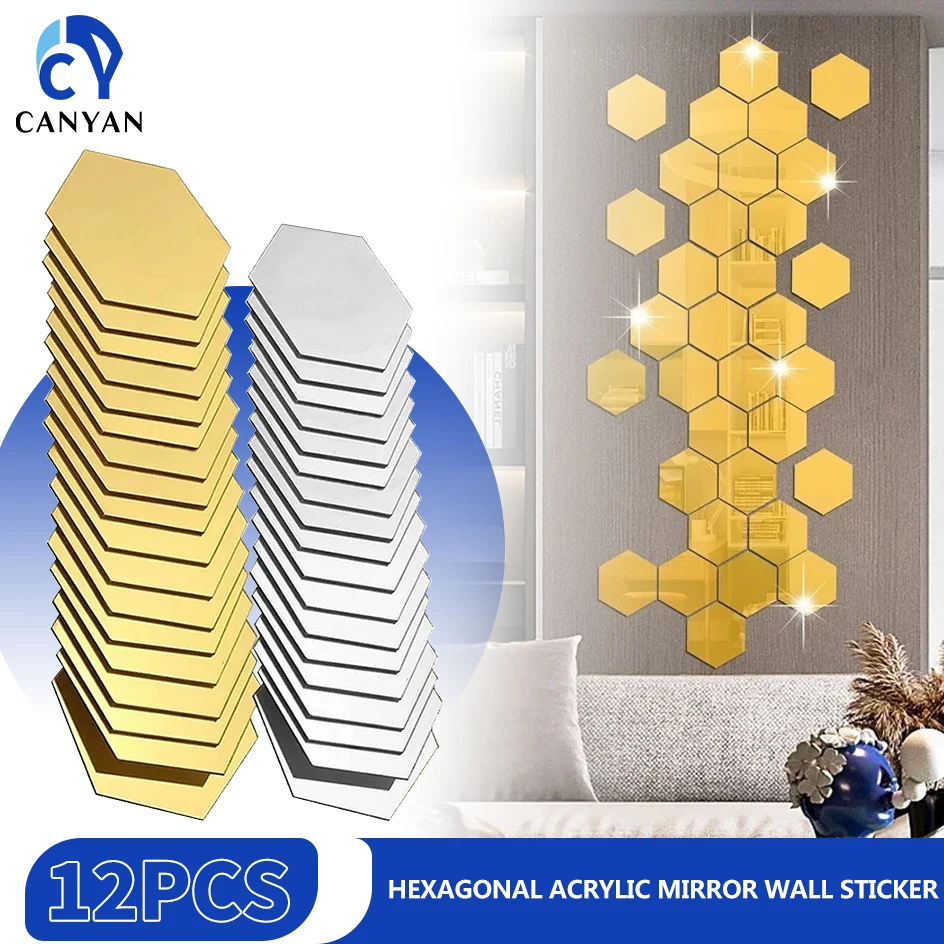 12-24pcs-Hexagonal-Acrylic-Mirror-Wall-Sticker-Mirror-Solid-Paster-Self ...