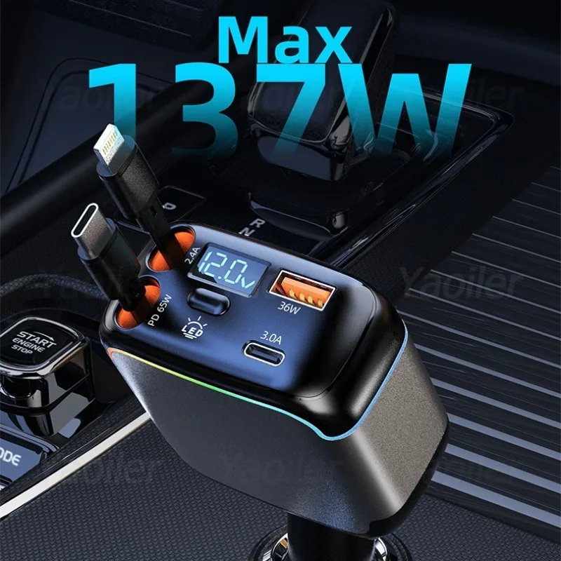 New Arrival,4-in-1 Retractable Car Charger,137W PD3.1 Type-C & QC3.0 ...