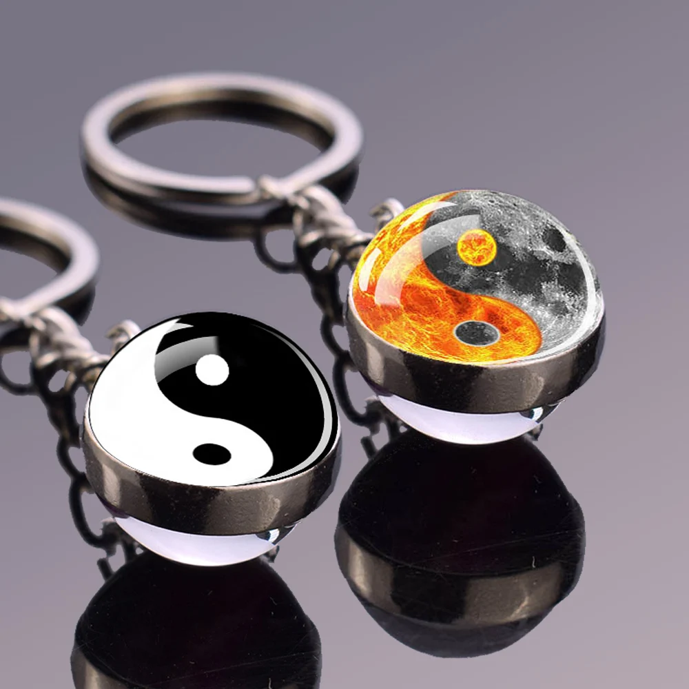 Yin Yang Keychains Black and White Yinyang Tai Chi Double Sided Glass ...