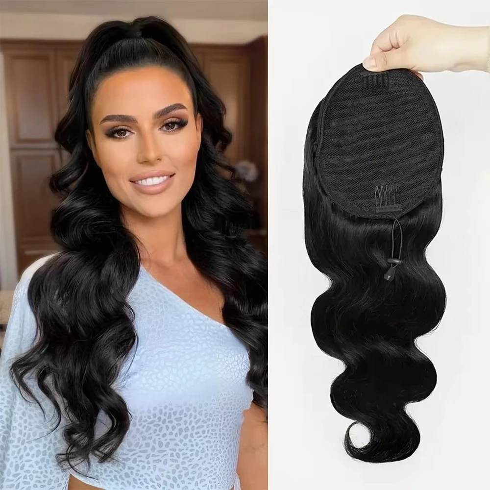 Body Wave Ponytail 100% Real Human Hair Drawstring Ponytail Clip In ...