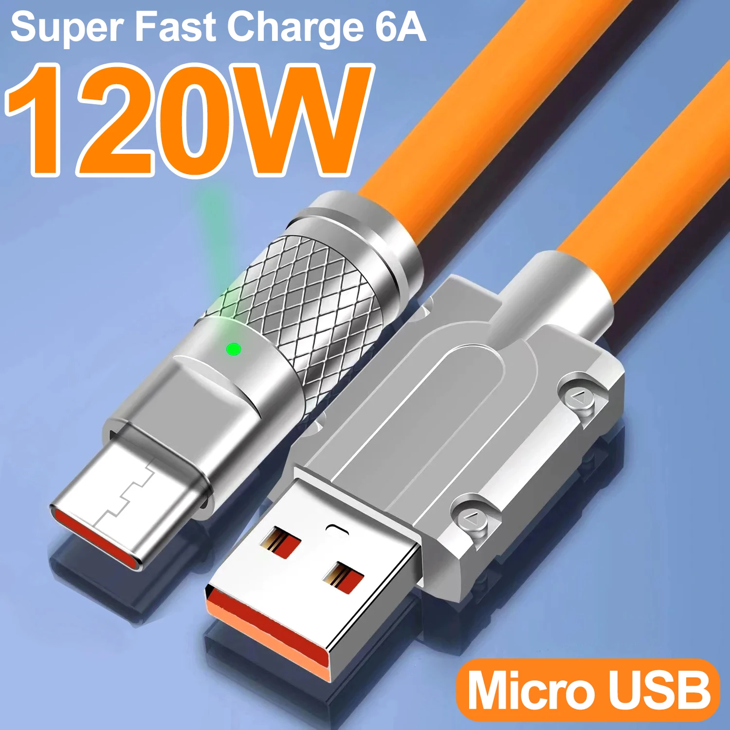 120W 6A Micro USB Cable Aluminum Alloy Thick Data Cord Fast Charging ...