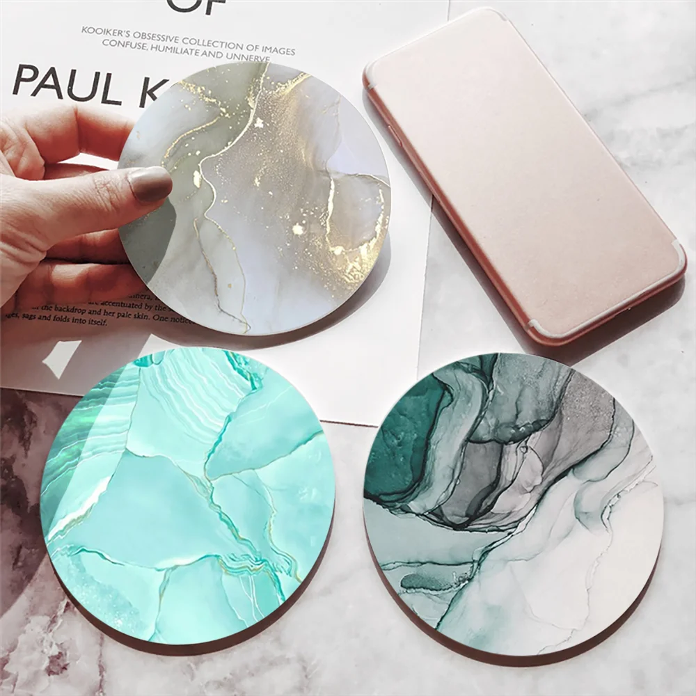 Round Absorbent Ceramic Stone Coasters Set with Cork Base Marble ...