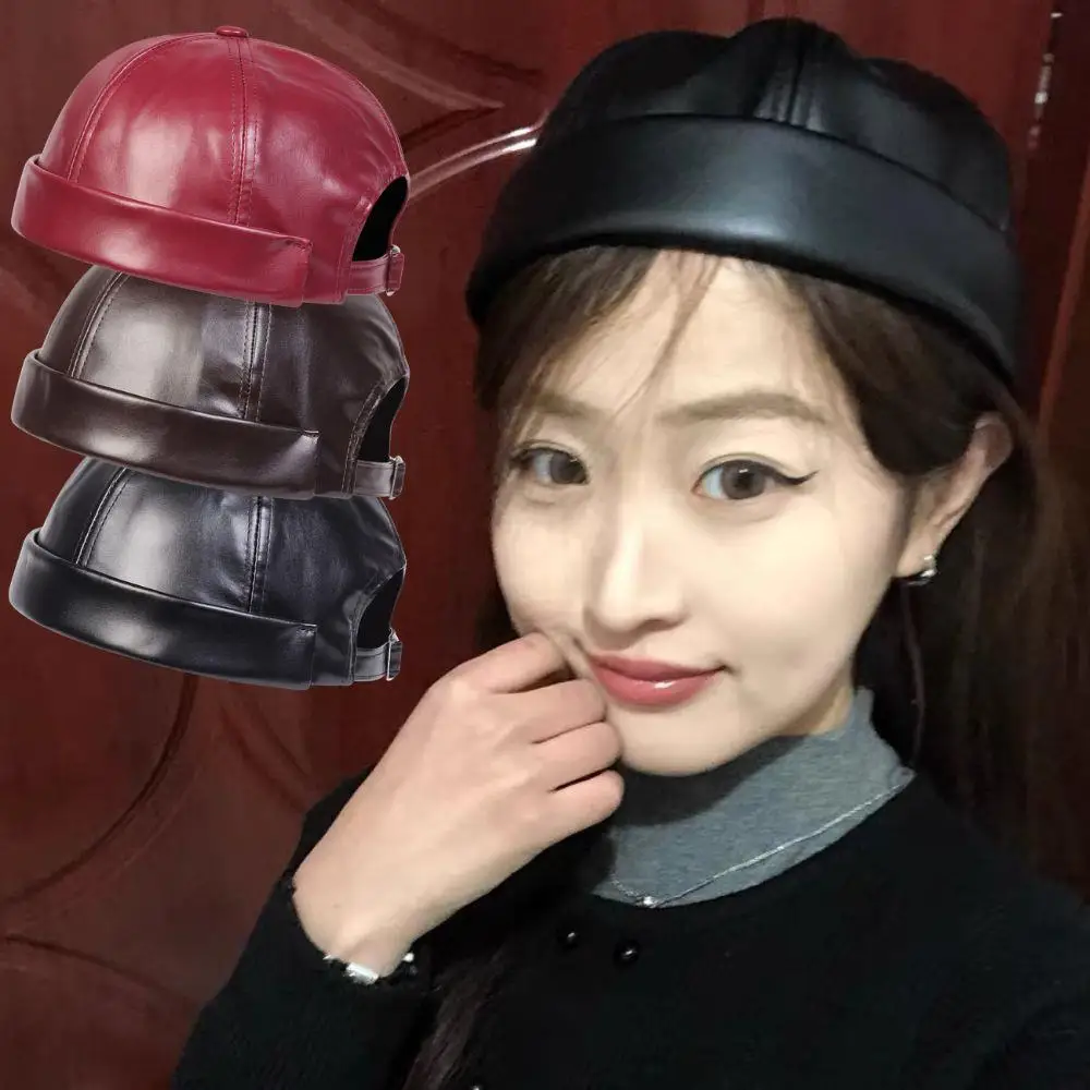 Men Women PU Leather Landlord Caps Retro Autumn Winter Adjustable Melon ...