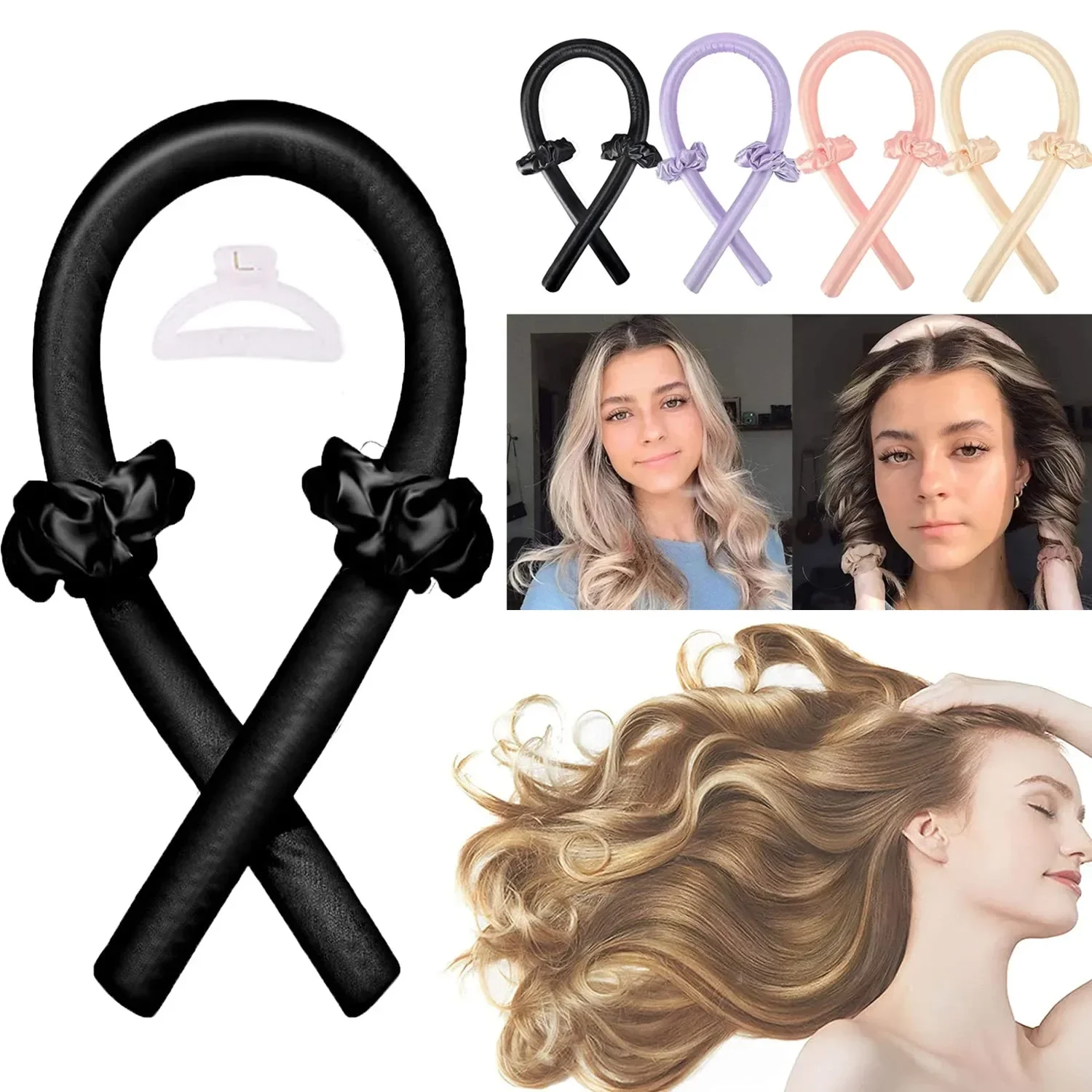 Heatless Curling Rod Headband No Heat Curl Ribbon With Hair Clips And