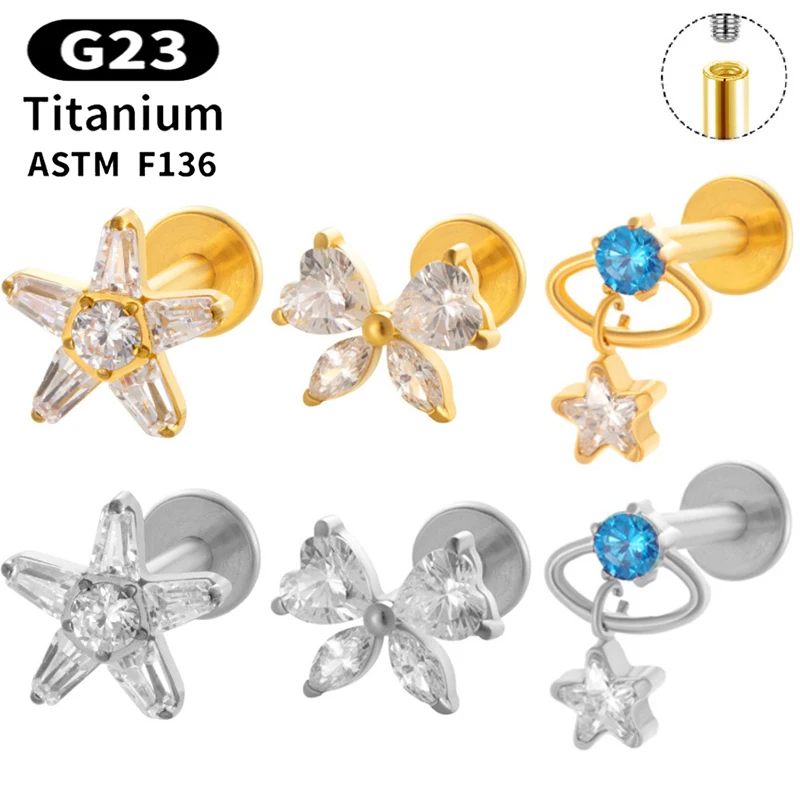 1PC G23 Titanium Internal Thread Butterfly Zircon Labret Tragus Stud ...