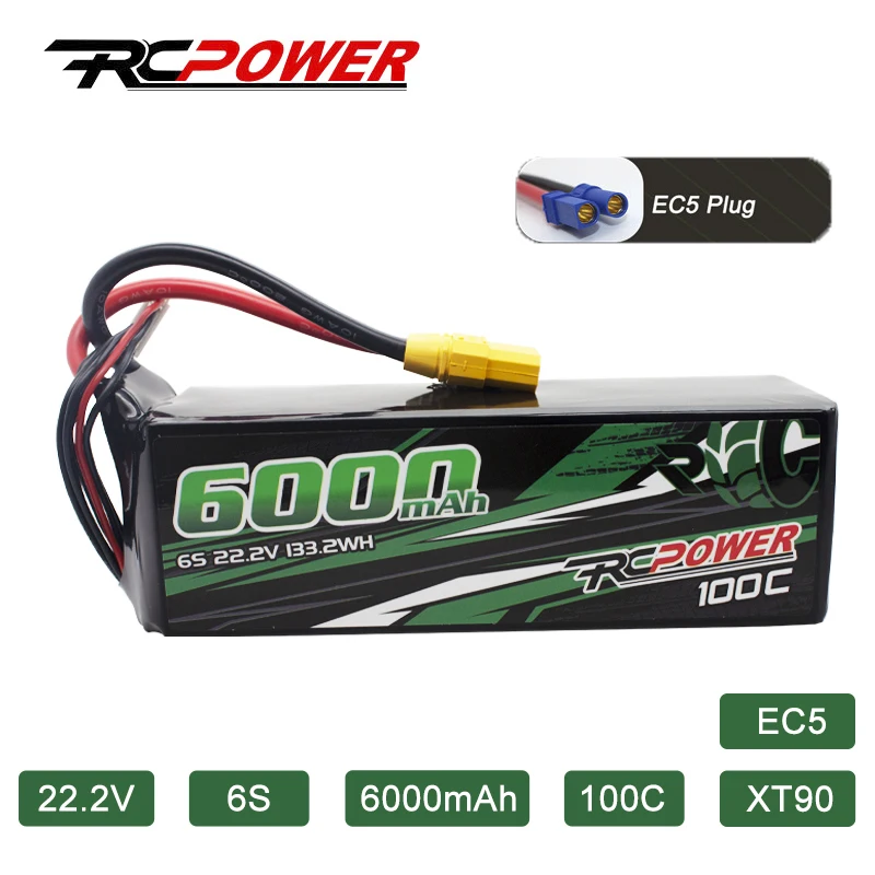 RCPOWER 6S Lipo Battery 22.2V 6000mAh 100C With XT90 EC5 Plug For RC ...
