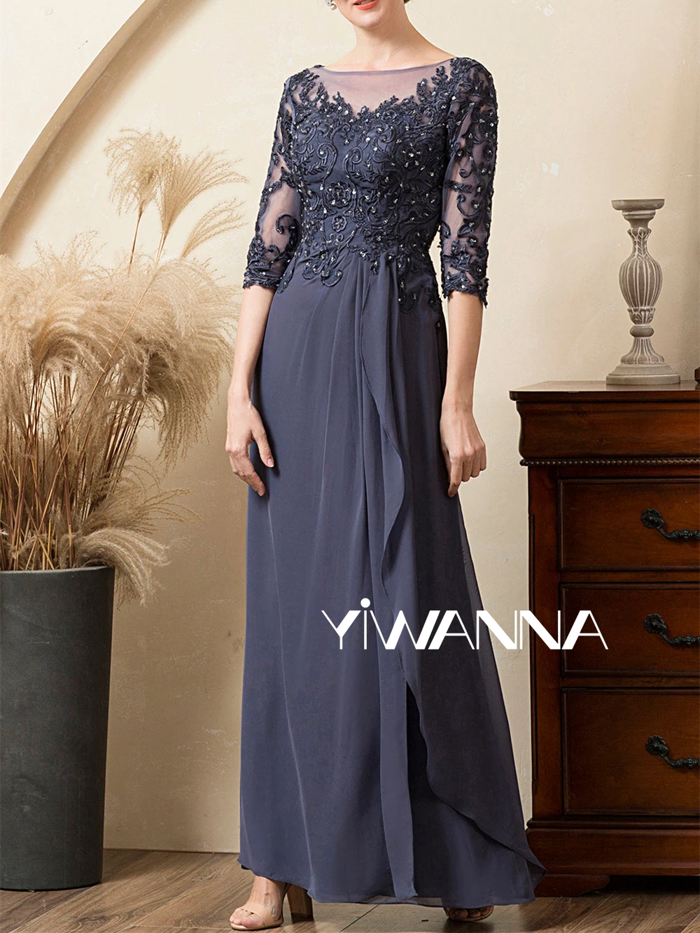 Half-Sleeve-Beaded-Mother-Of-The-Bride-Dress-Lace-Scoop-Neckline-A-Line ...