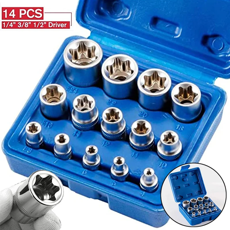 14 pces fêmea e estrela torx soquete conjunto E4 E24 e torx externo hex ...