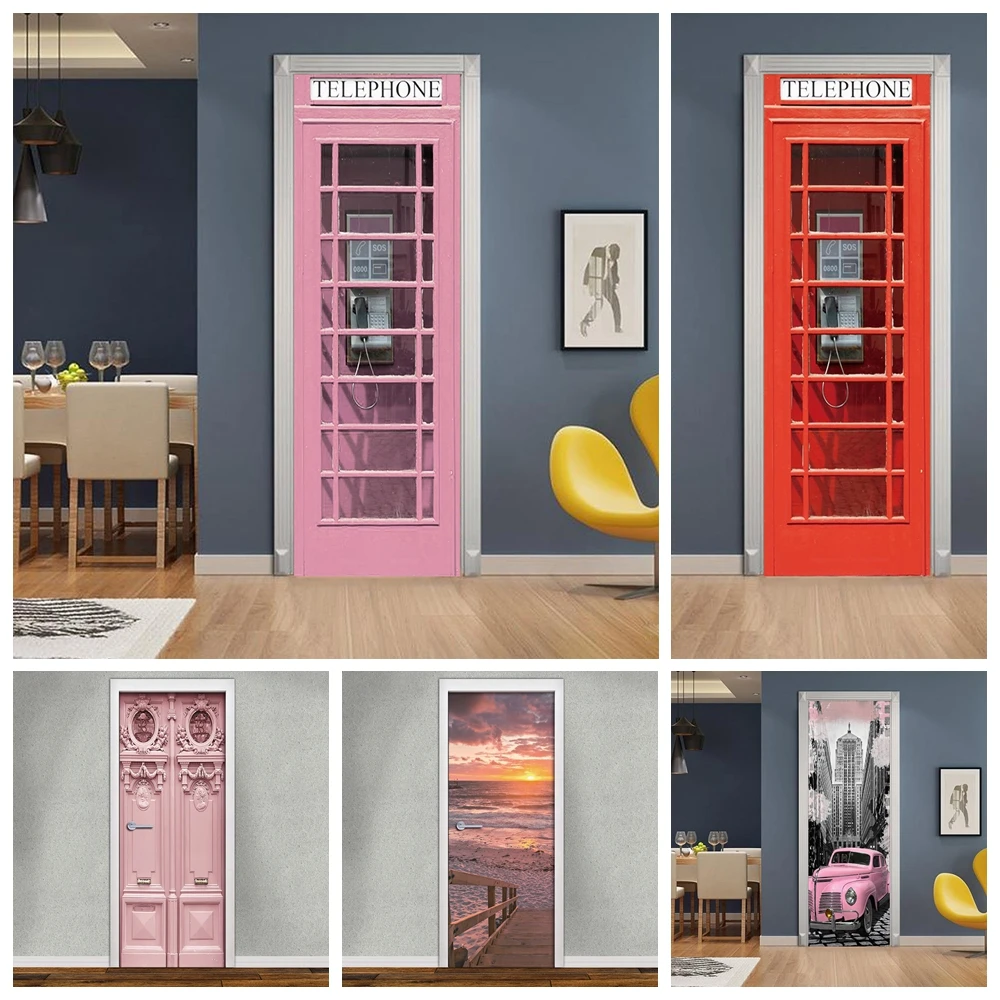 Removable-Pink-Telephone-Booth-3D-Door-Sticker-Wallpaper-Vinyl-Decal ...