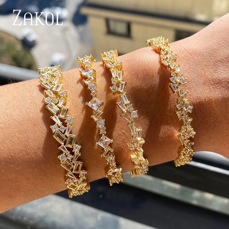 ZAKOL New Luxury Pink Baguette Cubic Zirconia Cuff Bangles for Women ...