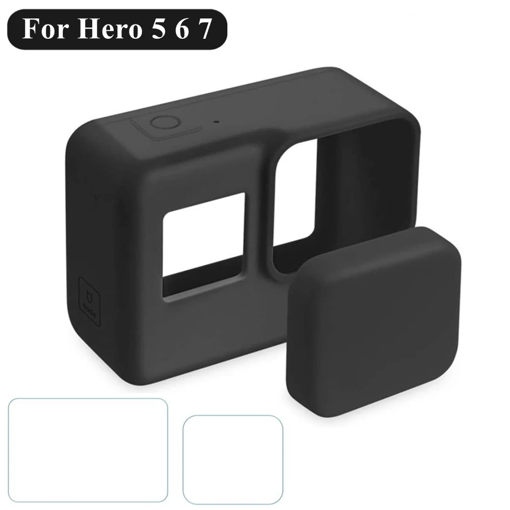 For-GoPro-Hero-7-6-5-Silicone-Case-Black-Tempered-Glass-Screen ...