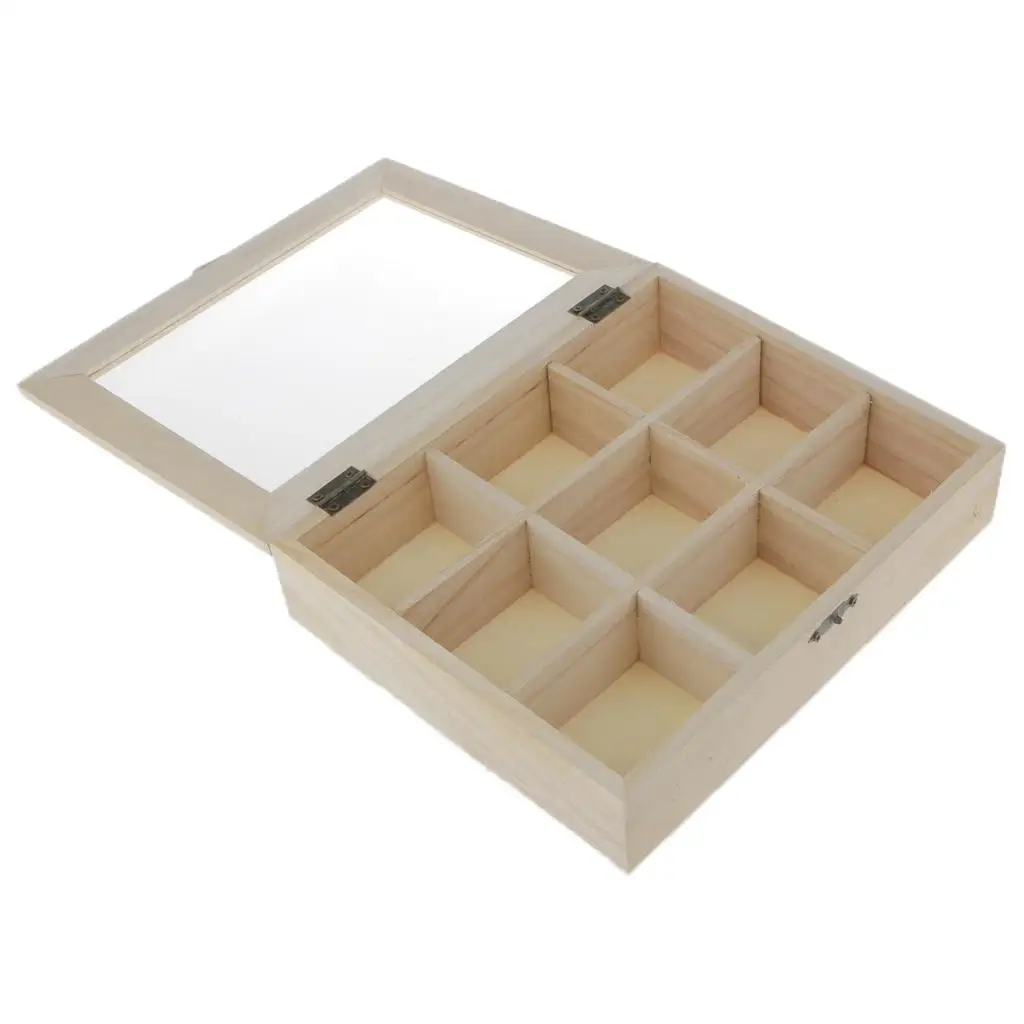 Unfinished Unpainted Plain Wooden 9 Grids Jewellery Storage Box Glass Lid