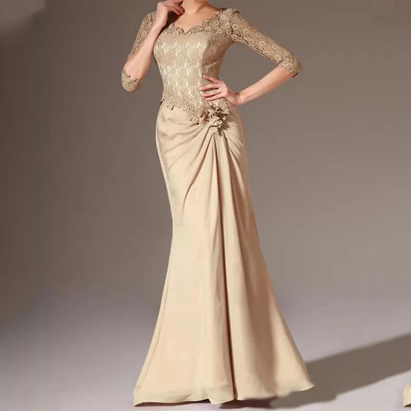 Champagne Modest Mother of the Bride Dresses Long Mermaid Style Lace ...
