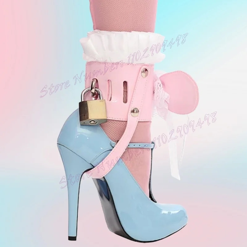 Blue-Lock-Decor-Bow-Knot-Pumps-T-strap-Strappy-Pointed-Toe-Shoes-for ...