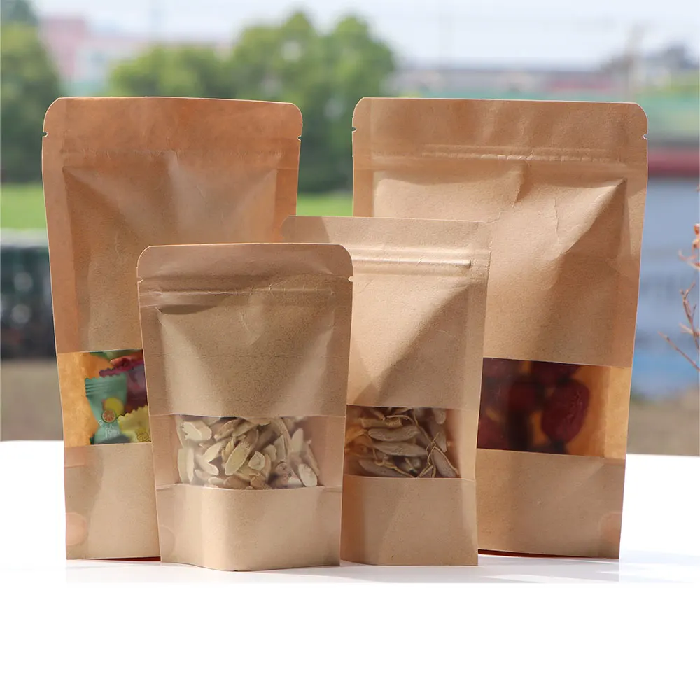 Kraft Paper Zip Lock Bags with Window Food Snack Tea Stand Up Self ...