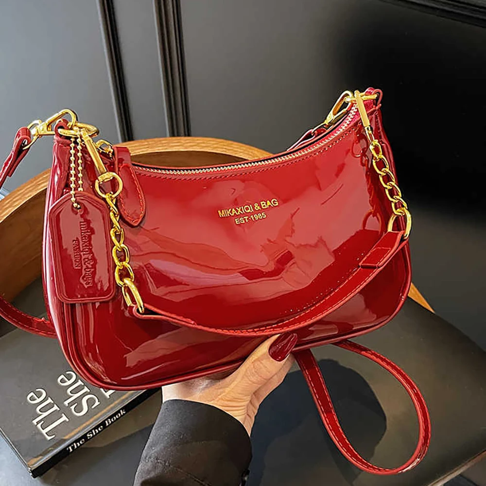 Glossy Patent Leather Red Underarm Bags Women Advanced Shiny Face ...