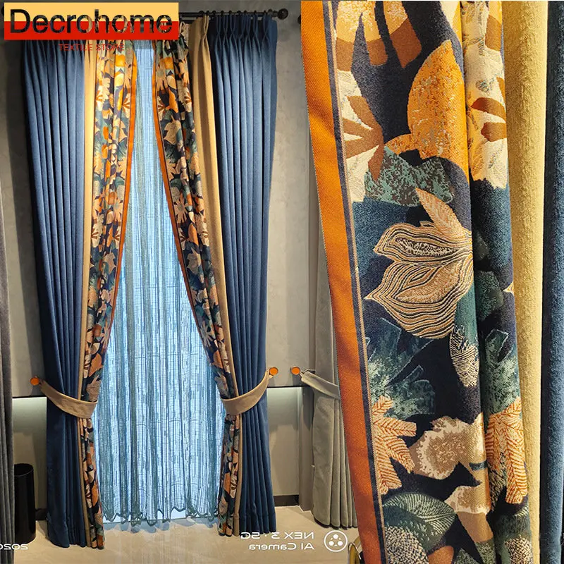 European-Style-Leaf-Print-Stitching-Thickened-Chenille-Velvet-Curtains ...
