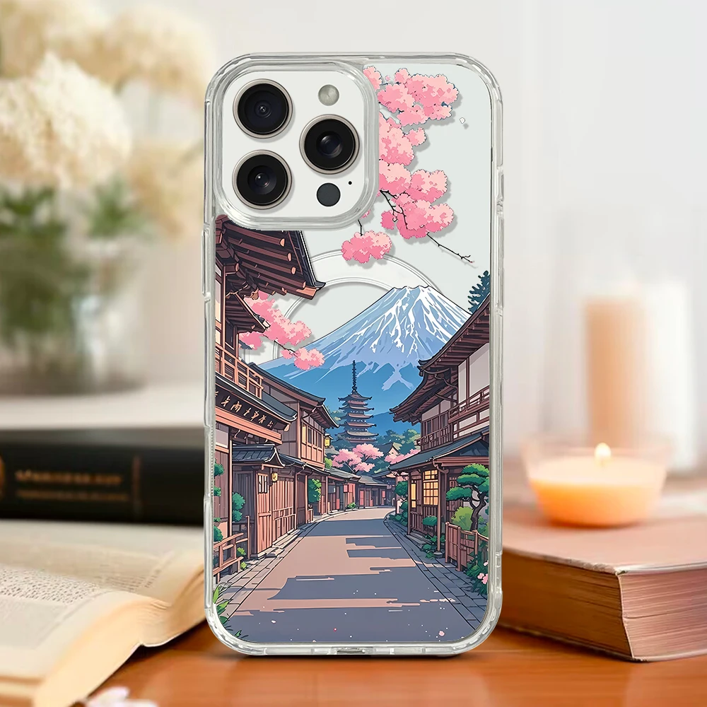 Japanese Landscape Art Transparent Magnetic Phone Case for iPhone 16 ...