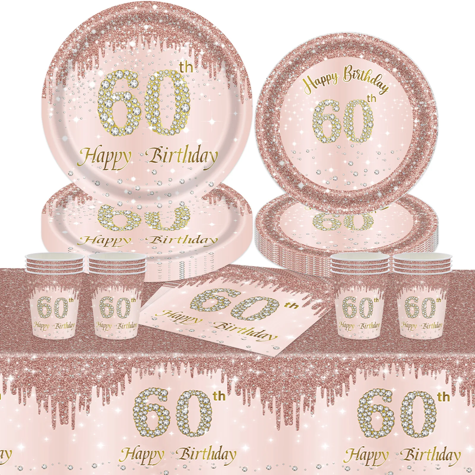 60th-Pink-Rose-Gold-Diamond-Birthday-Party-Disposable-Tableware-Set ...