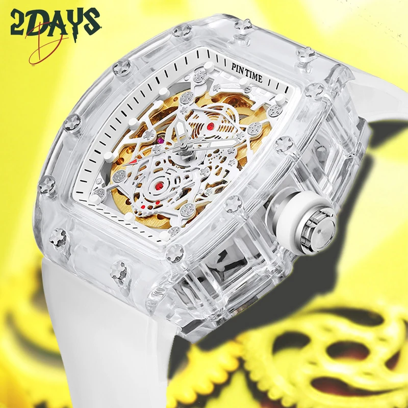 Pintime White Transparent Mechanical Watch Luxury Silicone Strap ...