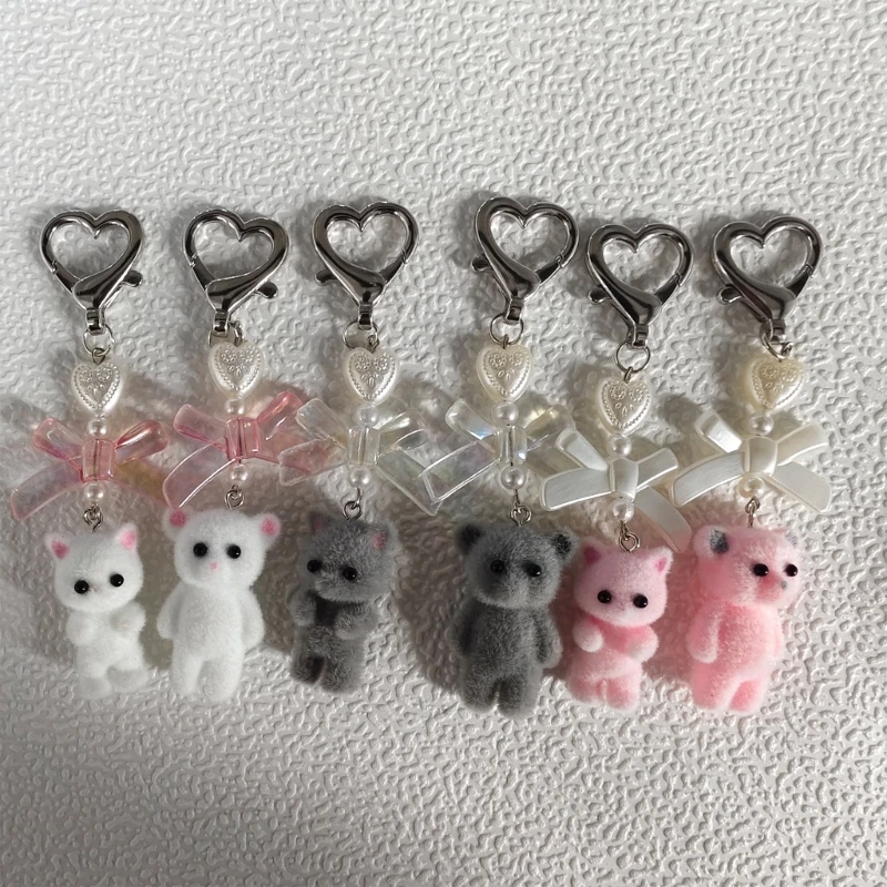 Cute-fuzzy-kitty-cat-heart-bow-keychain-Plush-Bear-kitten-doll-kawaii ...