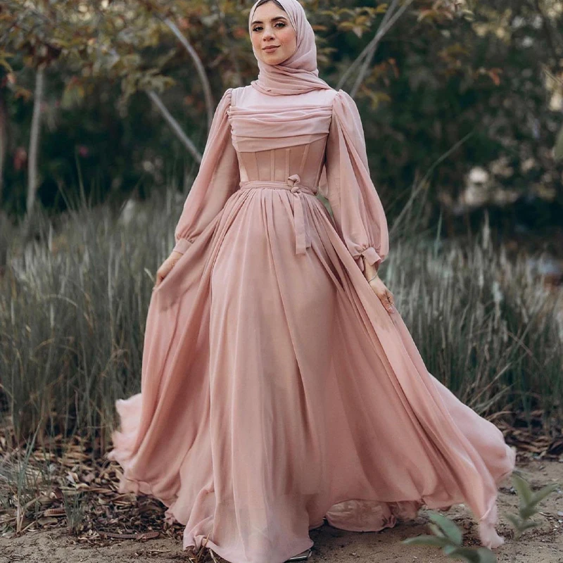 Blush-Chiffon-Prom-Dresses-for-Hijab-Women-High-Neck-Long-Sleeves-Floor ...