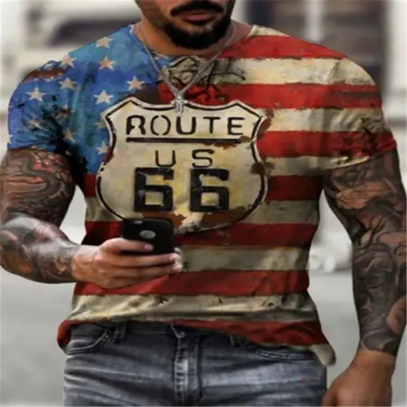 Vintage 66 Route T-shirt For Men 3d Printed Biker Motor Men's T Shirts ...