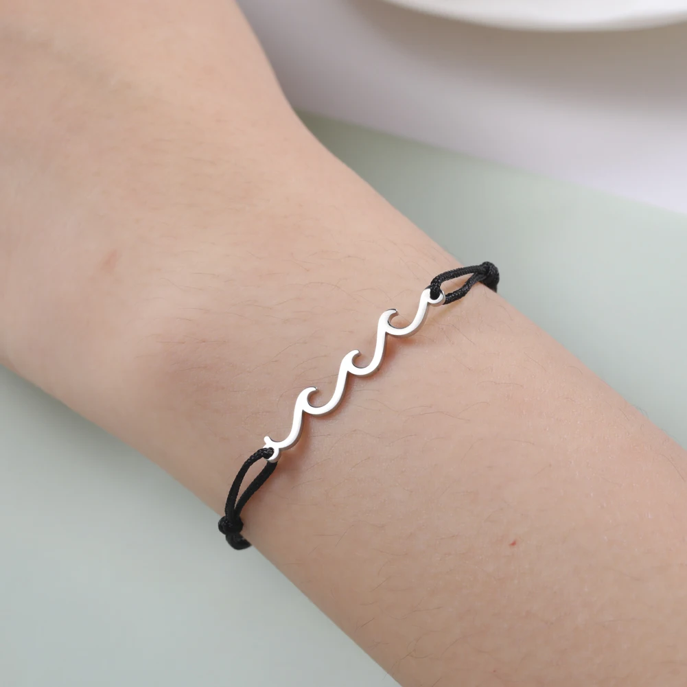 Cazador-Minimalist-Waves-Adjustable-Cord-Bracelets-Black-Rope-Stainless-Steel-Charm-Bracelet-for ...