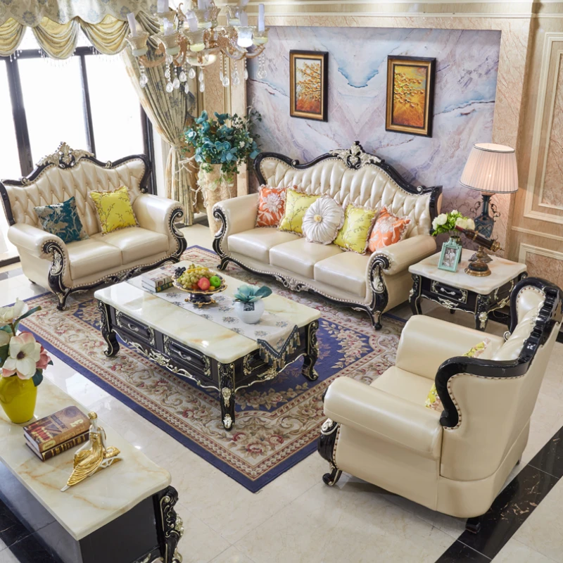 European Style Real Leather Solid Wood Living Room Sofa Set 123 ...